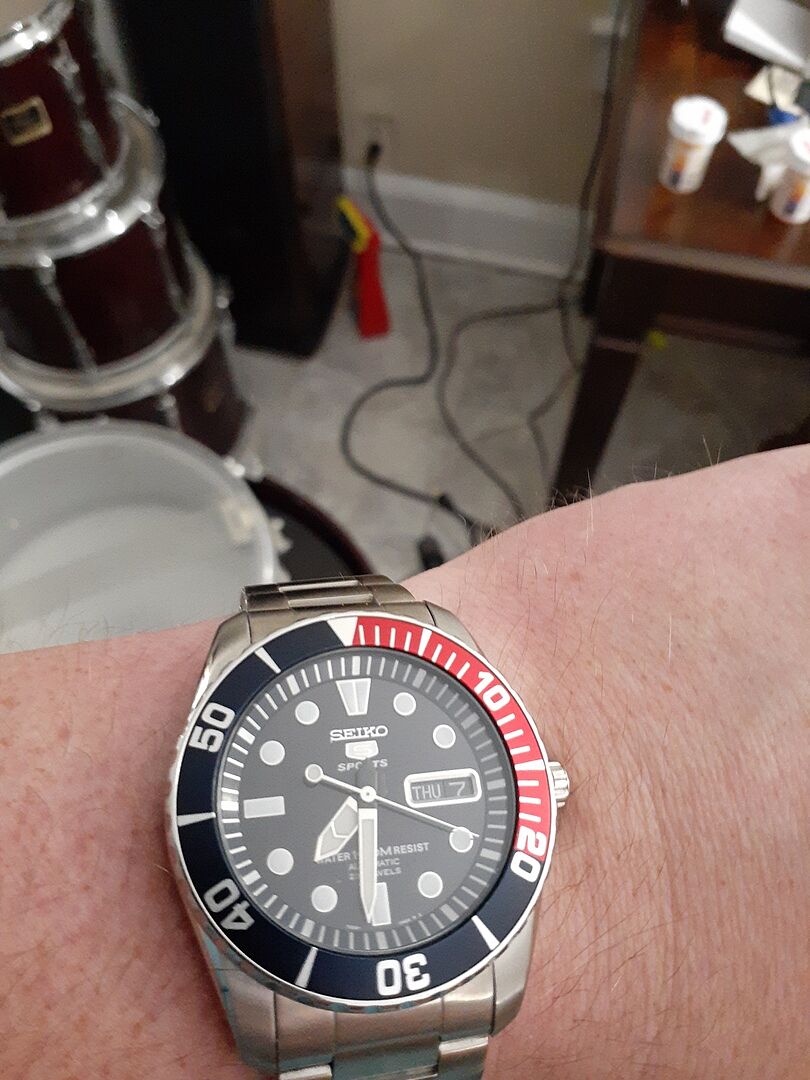 Seiko 5 Dark Blue Dial Diver Stainless Steel Automatic Pepsi Bezel Men ...