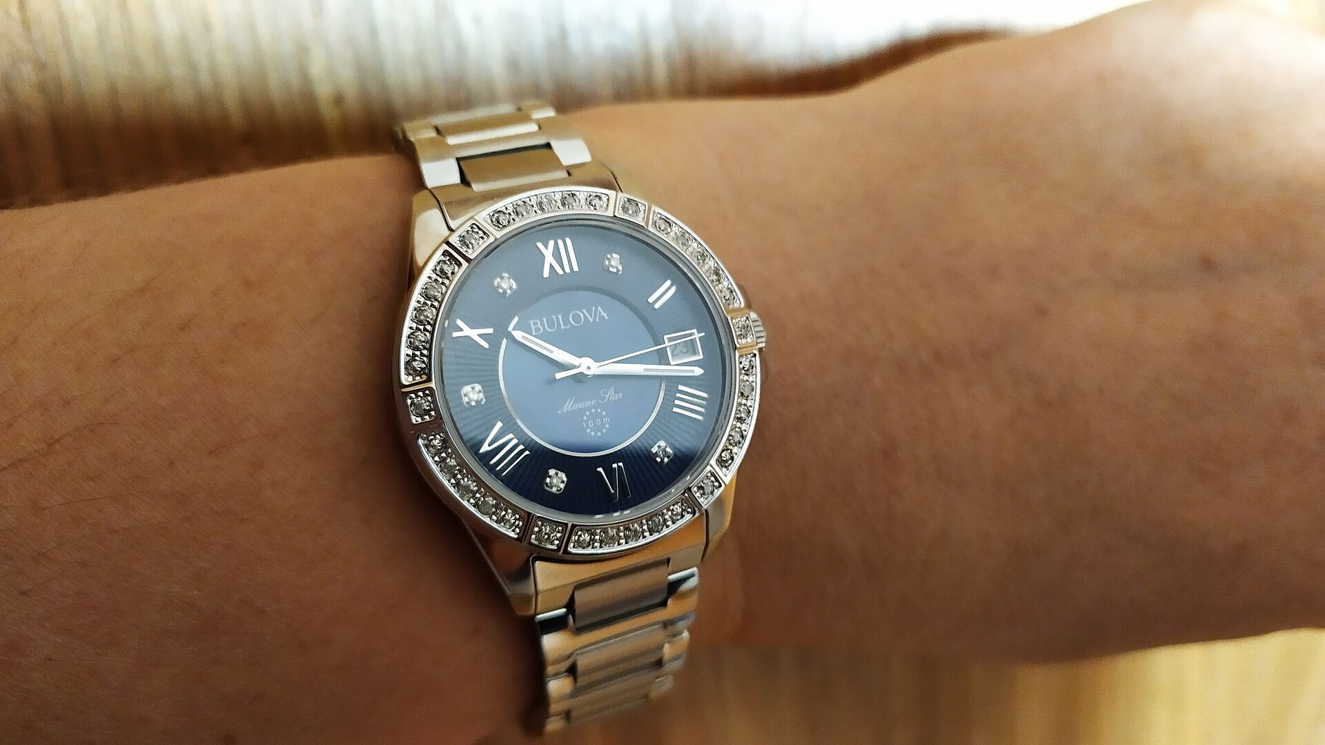 Bulova Marine Star Midnight Blue Mother of Pearl Diamond Dial Ladies ...