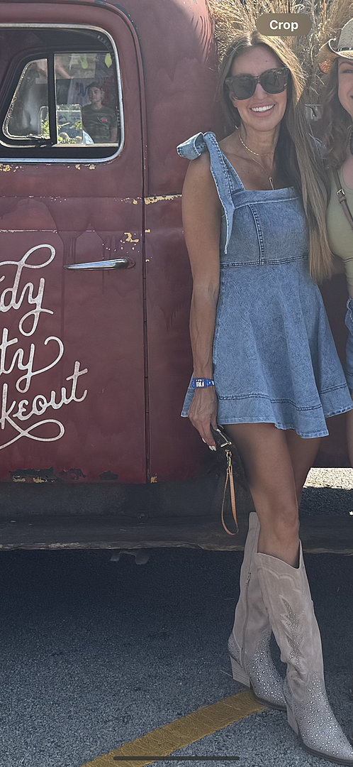 Shop the Jeanie Bow Shoulder Mini Dress Denim Shop the Jeanie Bow Shoulder Mini Dress Denim