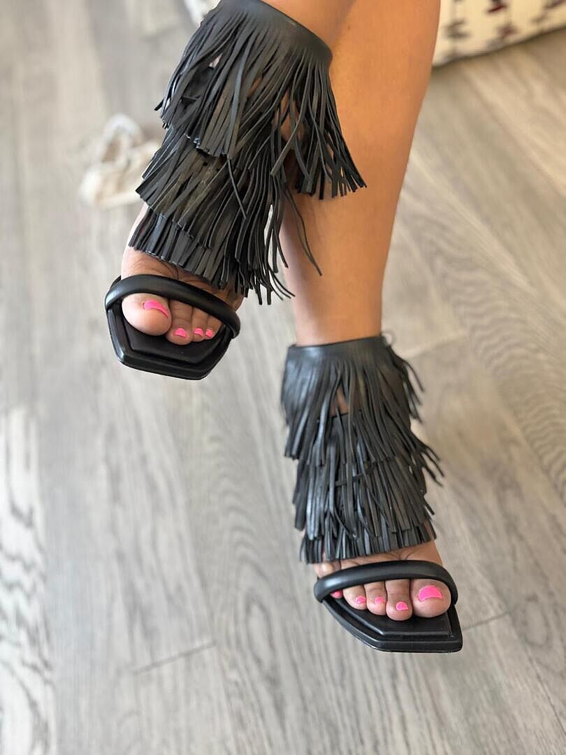FRINGZY Black Leather Square-Toe Fringe Heel | Women's Heels FRINGZY Black Leather Square-Toe Fringe Heel | Women's Heels